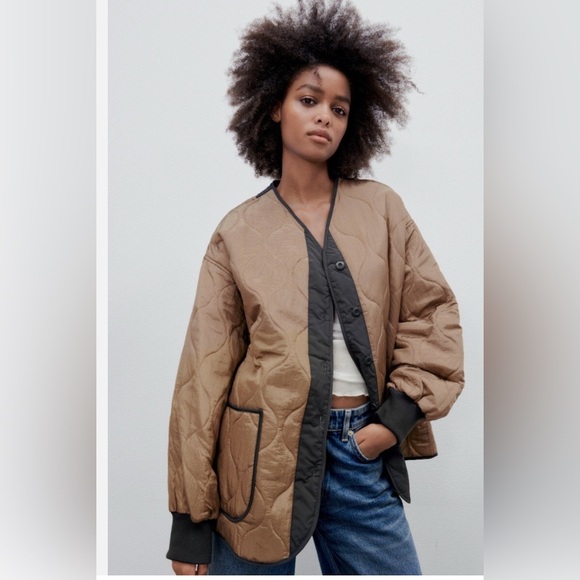 Zara | Jackets & Coats | Zara Quilted Bomber Jacket In Tan And Black ...